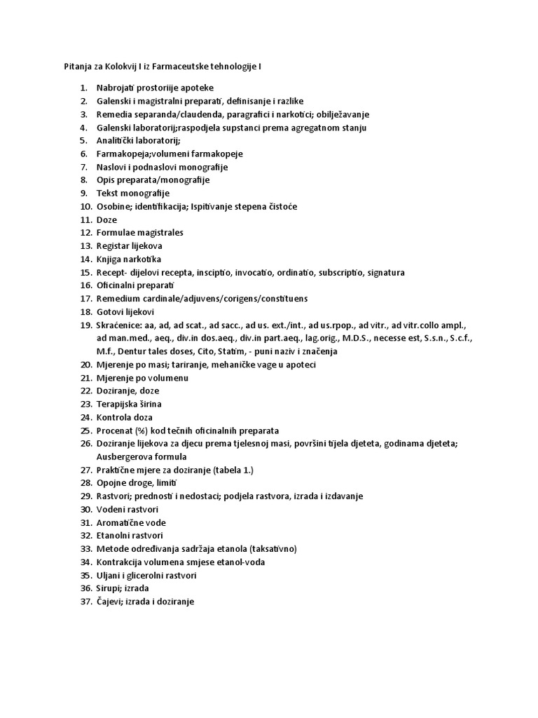 Pitanja Za Kolokvij I Iz Farmaceutske Tehnologije I | PDF