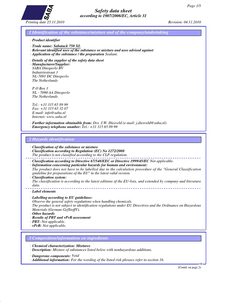 SABA Sabatack 750 XL MSDS | PDF