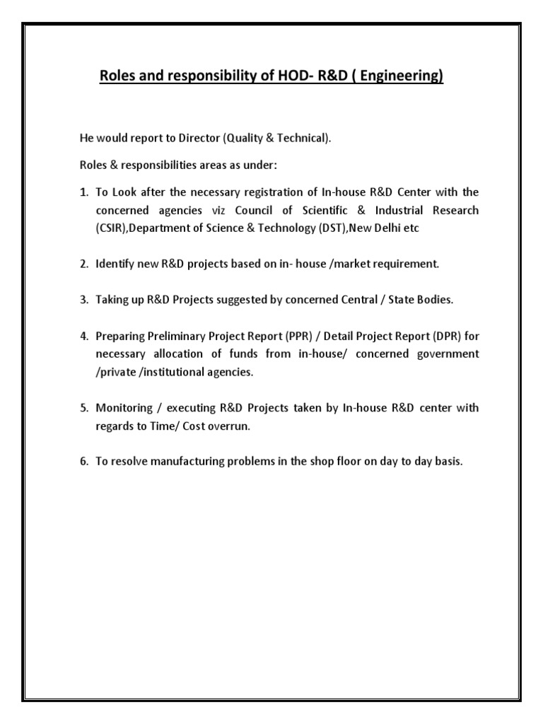 HOD Responsibilities in R&D Engineering | PDF