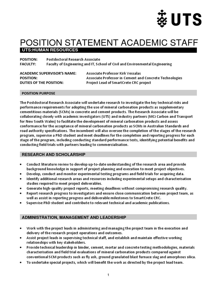 Position Statement - Postdoctoral Research Associate | PDF | Concrete ...