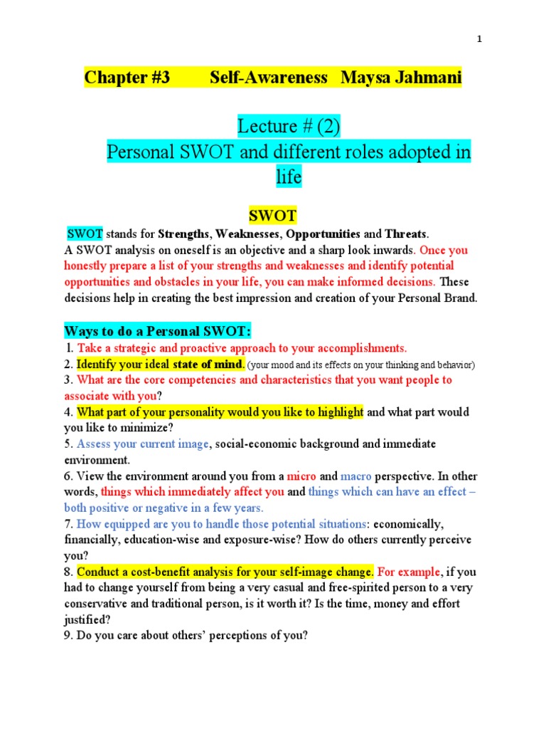 Personal SWOT for Self-Awareness | PDF | Self Awareness | Swot Analysis