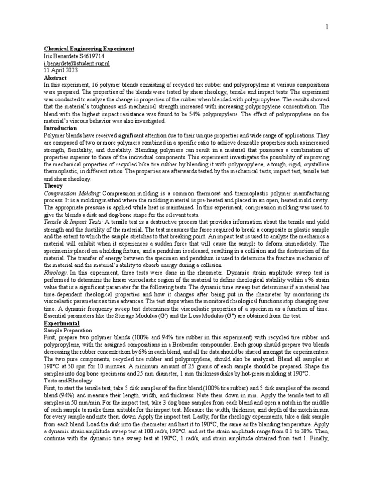 Chemical Engineering Report | PDF | Viscoelasticity | Young's Modulus Chemical Engineering Report | PDF | Viscoelasticity | Young's Modulus