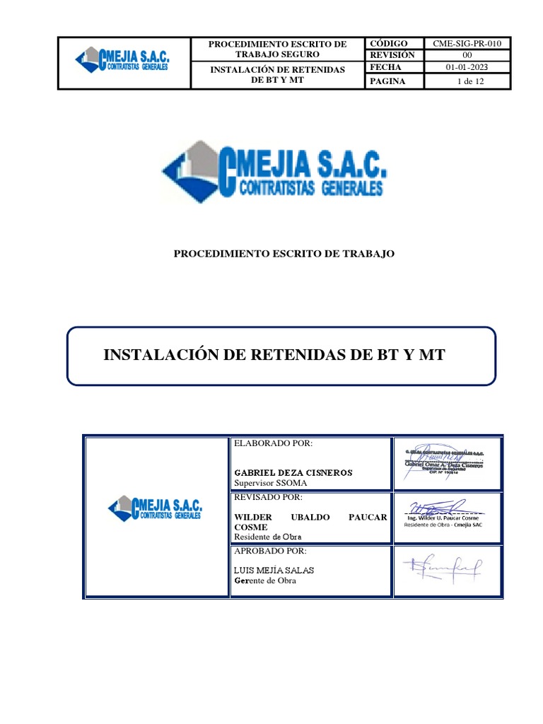 CME-SIG-PR-010 Instalación de Retenidas de BT y MT | Descargar gratis ...