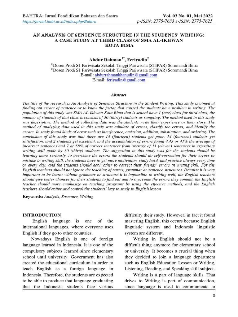 Sentence Structure Analysis in Student Writing | PDF | Verb | English ...