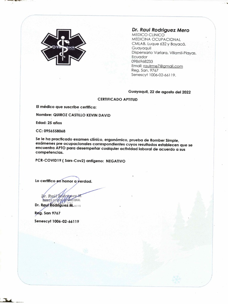 Certificado Medico Kevin Quiroz | PDF
