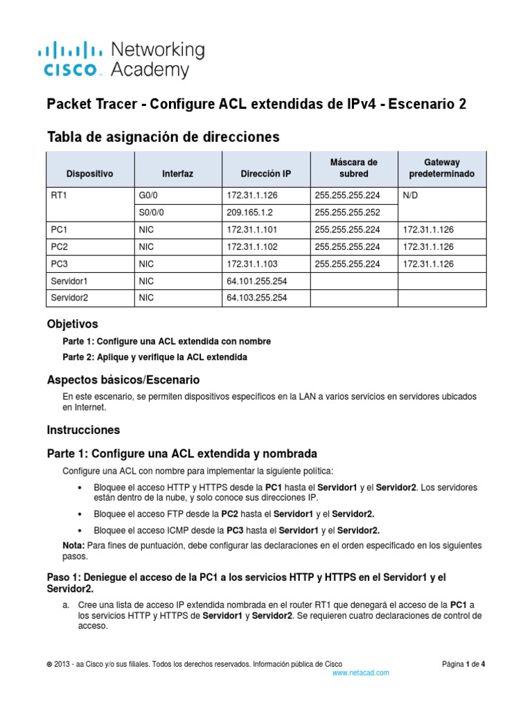 Configurar ACL Extendidas IPv4 - Escenario 2 | PDF