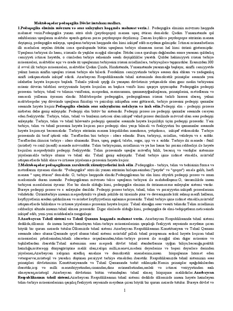 Dövlət Imtahanı - PEDAQOGİKA | PDF