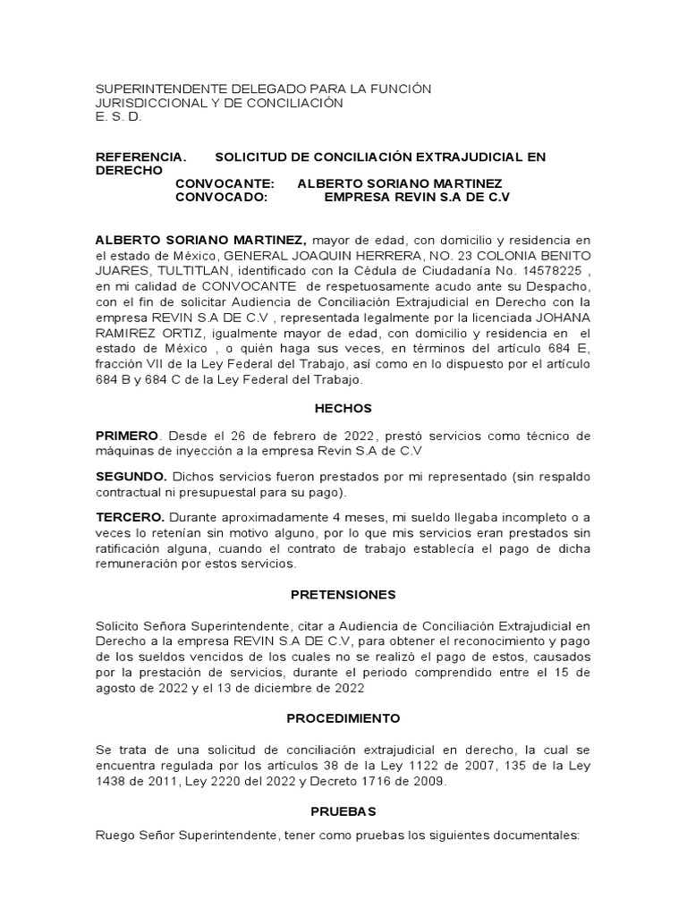Conciliación Extrajudicial: Alberto Soriano vs. Revin S.A. | PDF | Derecho