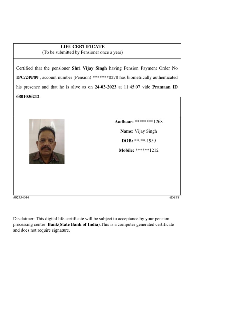 Life Certificate: #02754044 #Dsps | PDF