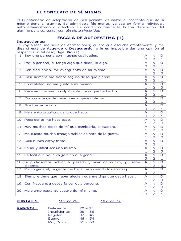 Escala Autoestima Bell. | PDF