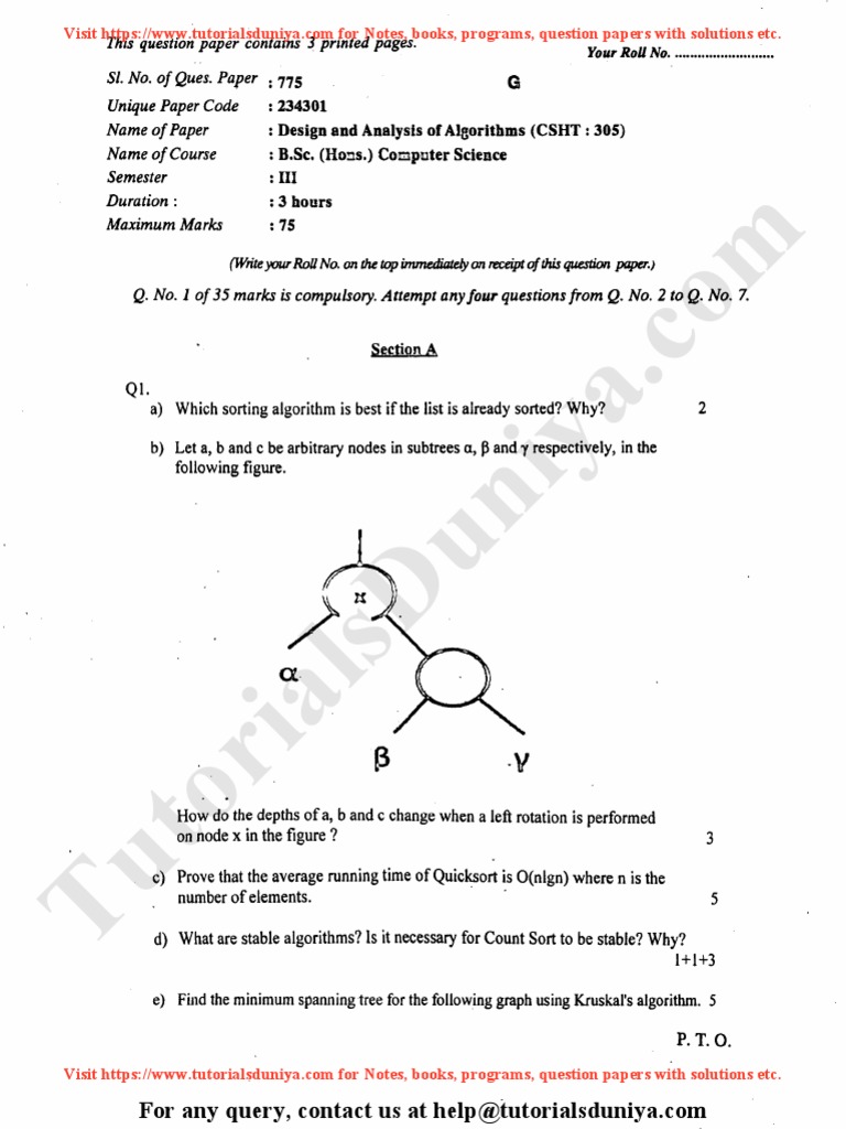 Design and Analysis of Algorithms Question Paper 2016 | PDF