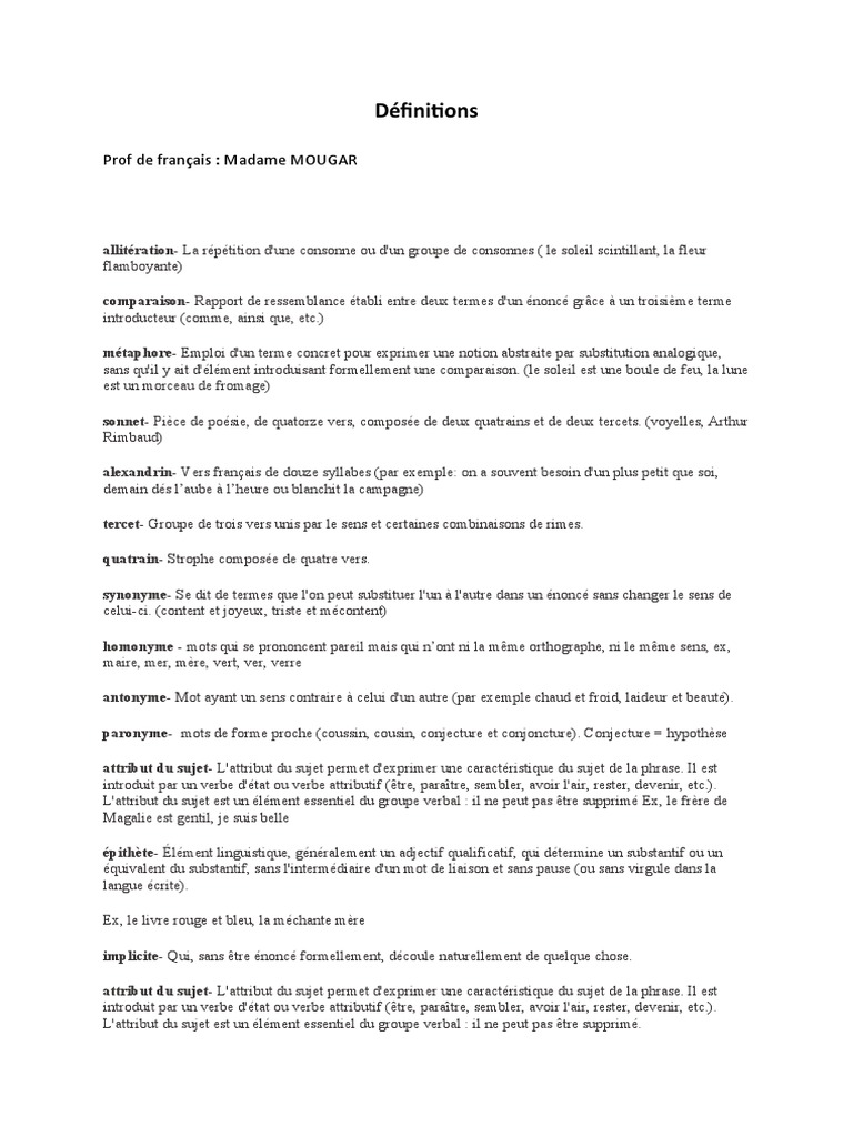 Définitions de termes littéraires | PDF | Sujet (Grammaire) | Nom ...