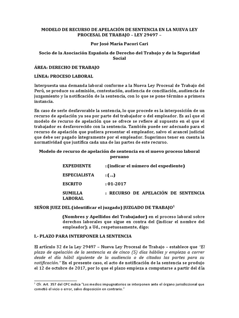 Modelo de Recurso de Apelación de Sentencia | PDF | Apelación | Sentencia (ley)