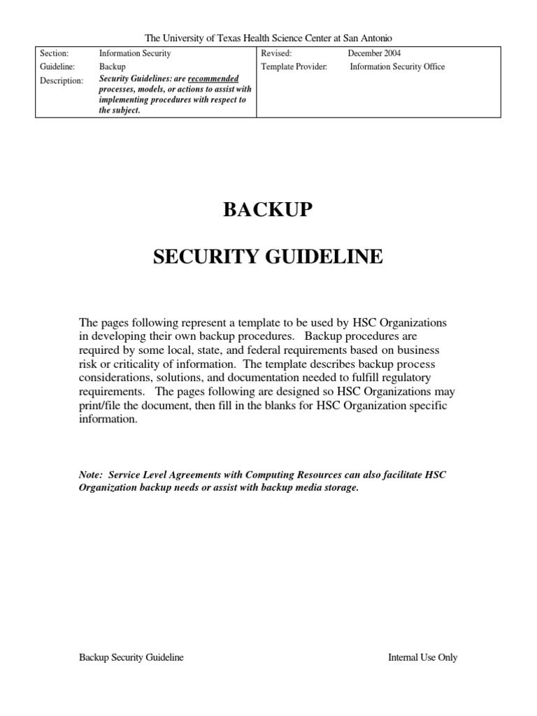 Backup Security Guideline: The University of Texas Health Science Center at San Antonio | PDF ...