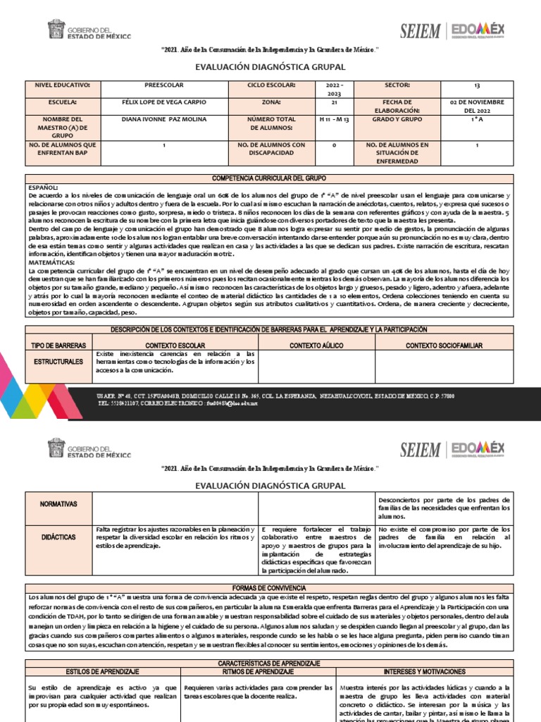 Evaluacion Diagnosticas Usaer 48 Grupo 1° A | PDF