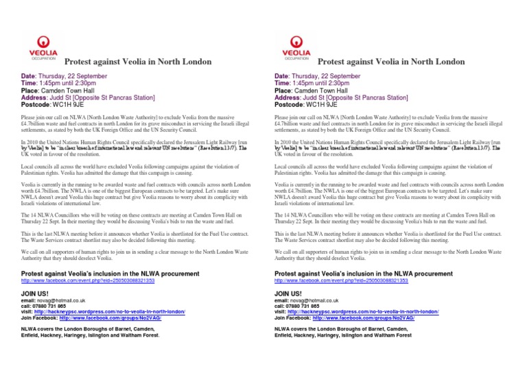 Protest Against Veolia in North London 22 Sep 11 | PDF | United Nations ...