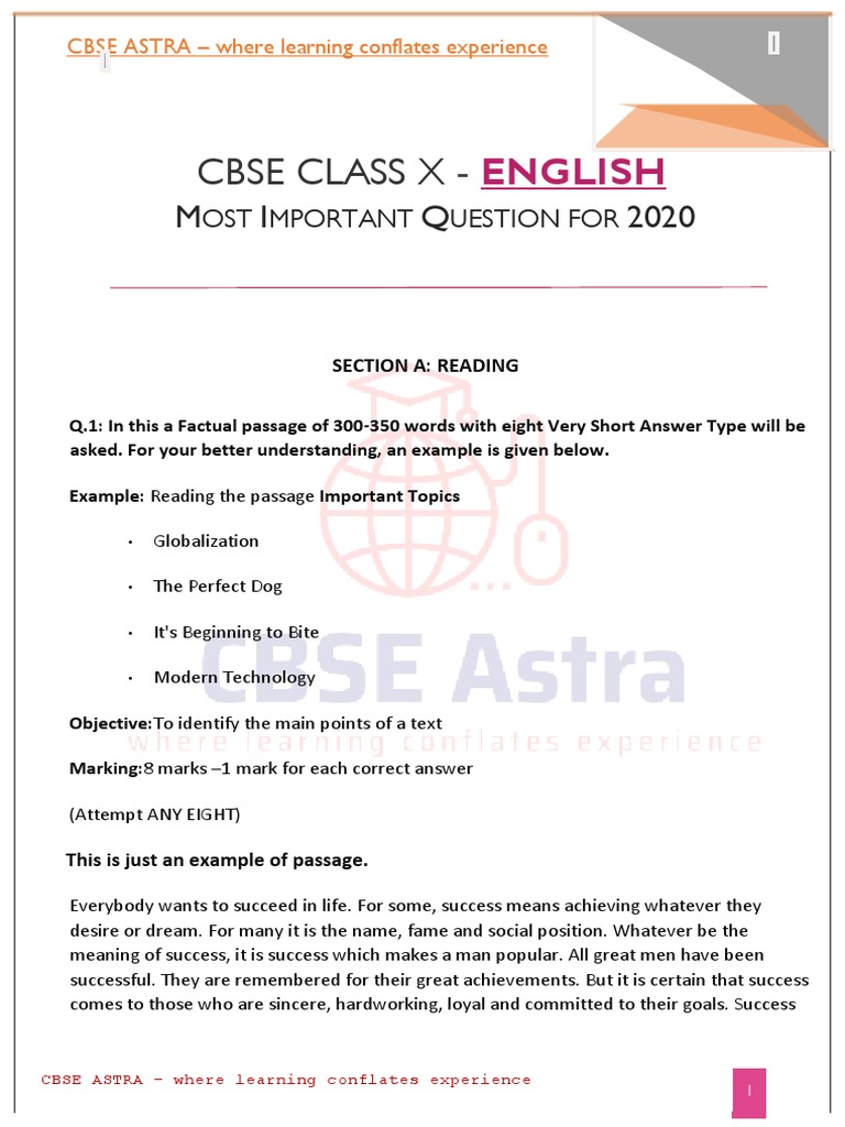 Class 10 English Important Questions | PDF | Globalization | Market ...
