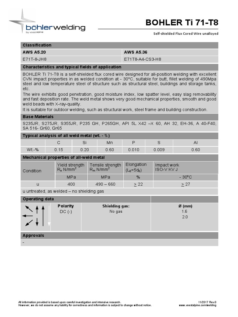 FCAW Bohler Ti 71 T8 E71T 8 Gasless | PDF | Construction | Welding