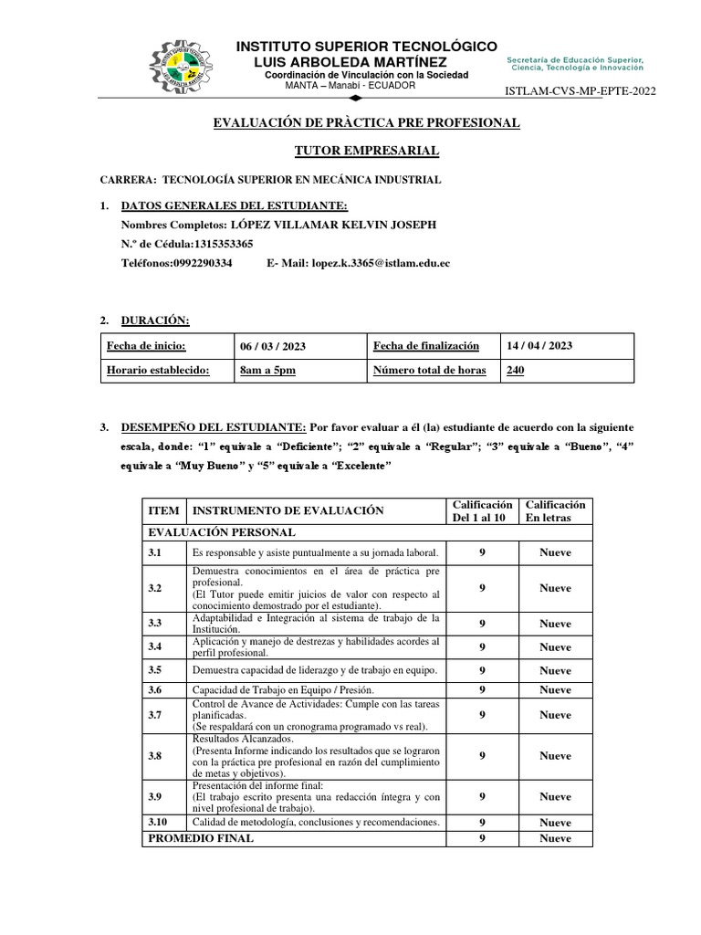 Evaluación Del Tutor Empresarial | PDF | Evaluación