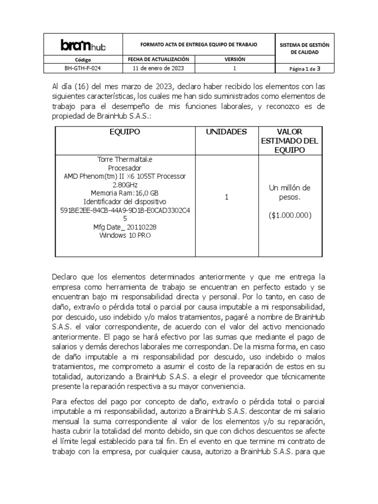 BH-GTH-F-024 Formato Acta de Entrega de Equipo | PDF | Salario | Derecho laboral