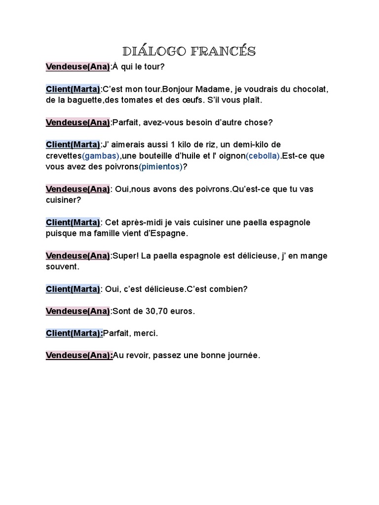 Dialogue en français au marché | PDF