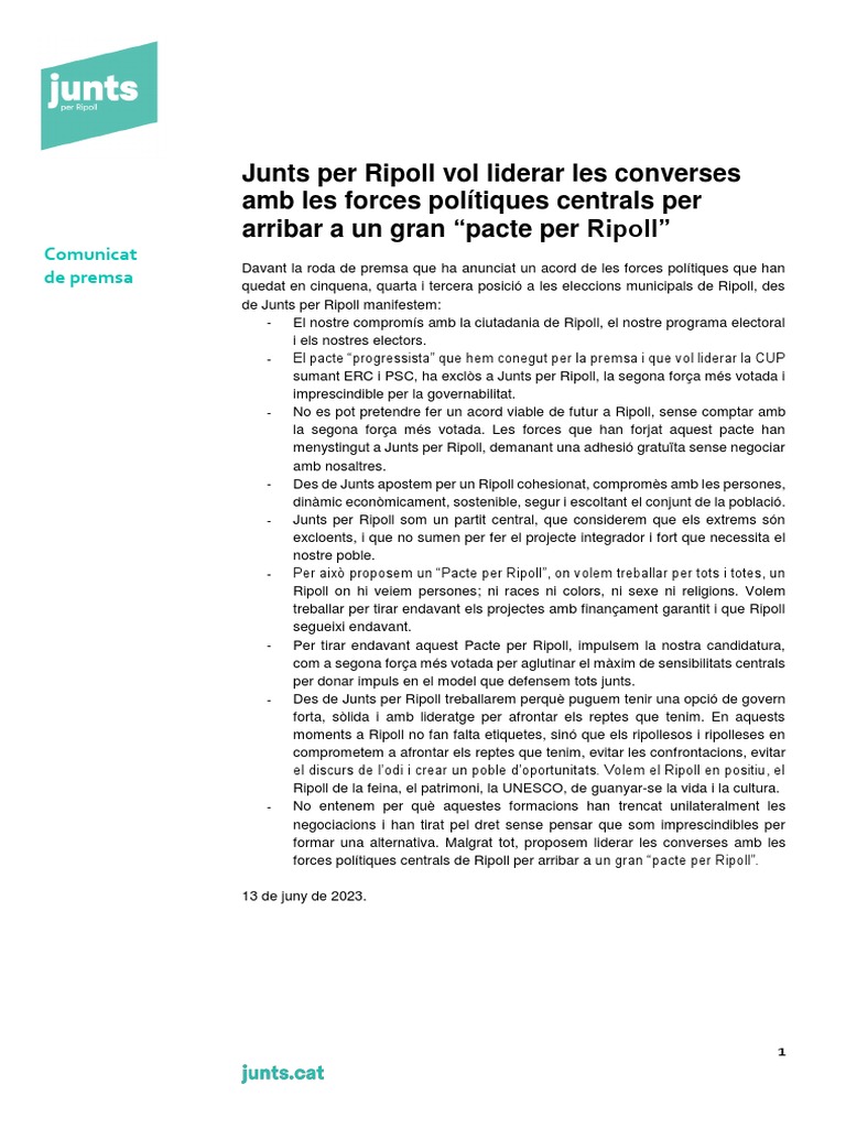 Comunicat de Junts Per Ripoll Sobre Les Negociacions A L'ajuntament | PDF