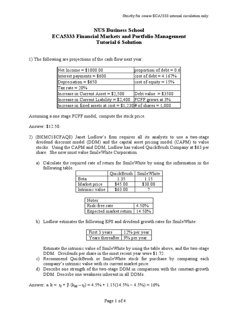 Tut 06 Soln | PDF | Free Cash Flow | Capital Asset Pricing Model