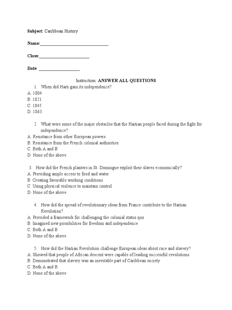 Haitian Revolution Quiz and Worksheet | PDF