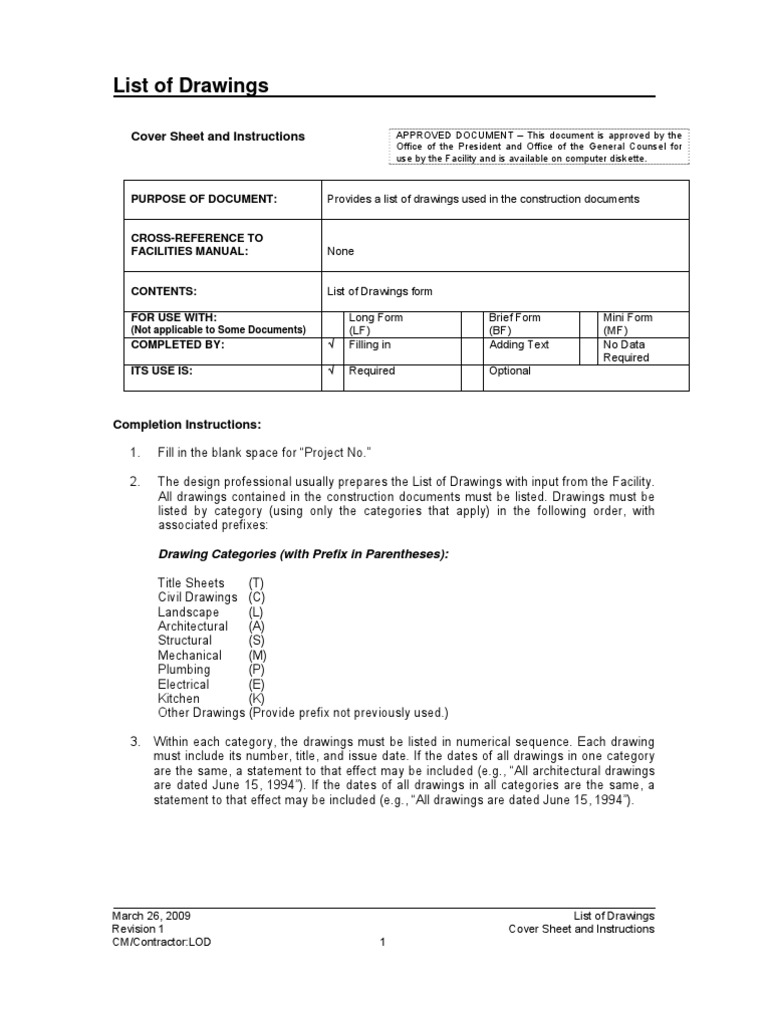 List of Drawings: Cover Sheet and Instructions | PDF | Document ...