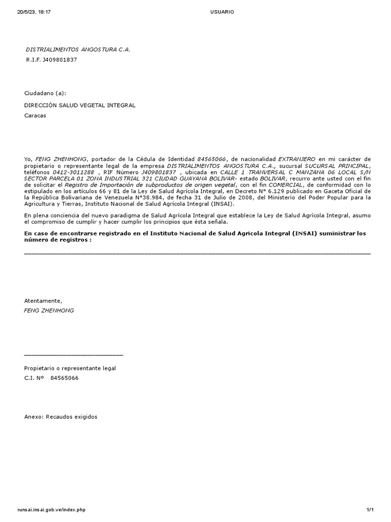 Solicitud de Registro de Importación INSAI | PDF