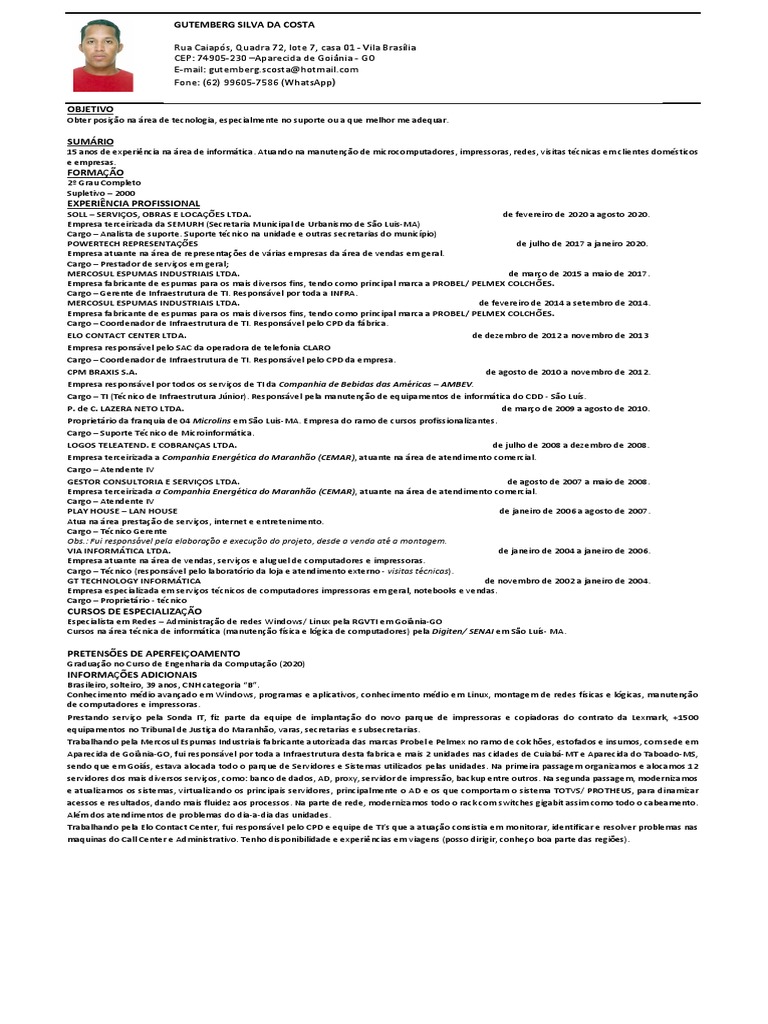 Currículo de Gutemberg Costa - TI e Suporte | PDF | Servidor ...