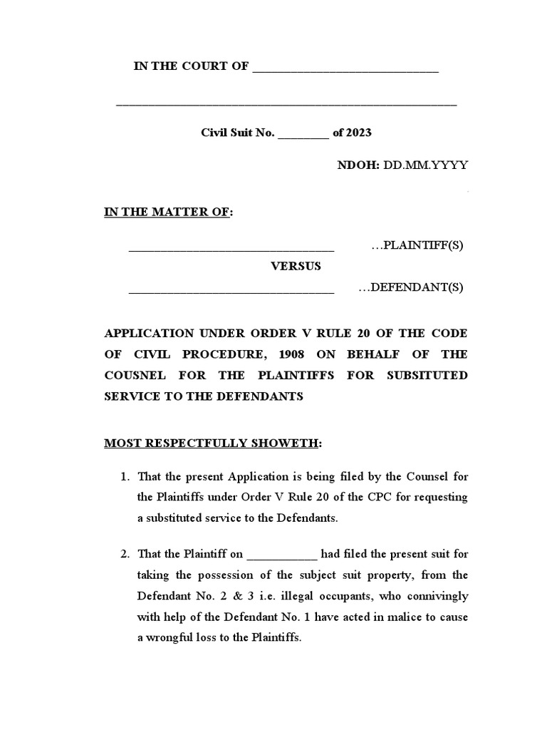 Application for Substituted Service under Order V Rule 20 of the CPC in ...