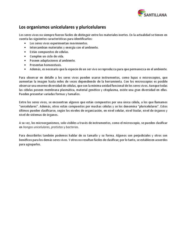 Los Organismos Unicelulares y Pluricelulares | PDF