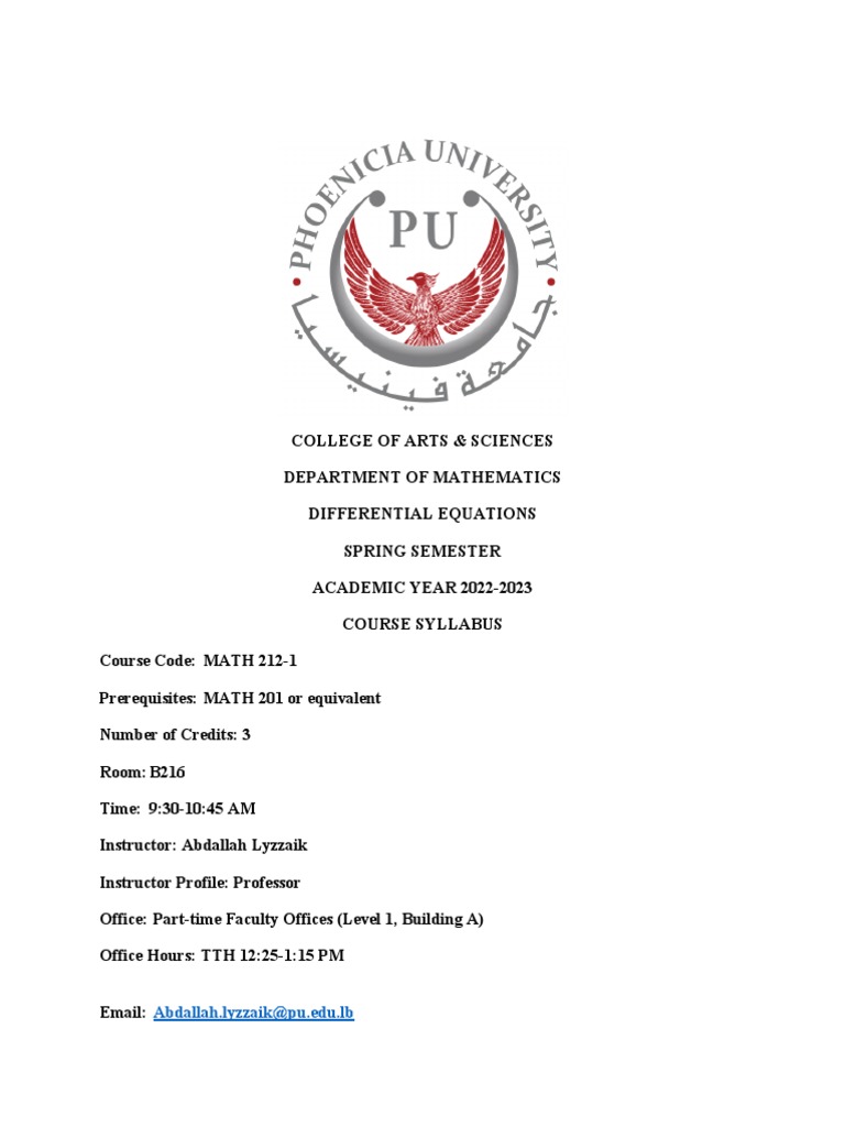 Syllabus - MATH 212-1 - Fall - 2022-23 | PDF | Equations | Differential Equations