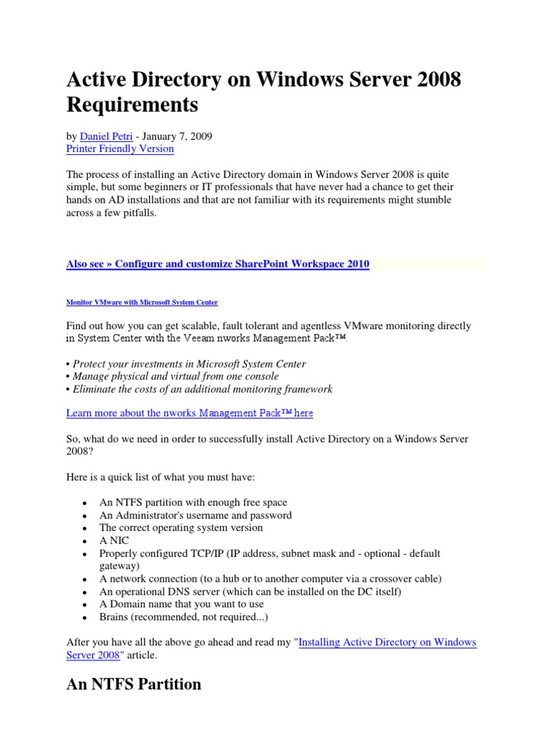 Active Directory On Windows Server 2008 Requirements: An NTFS Partition ...