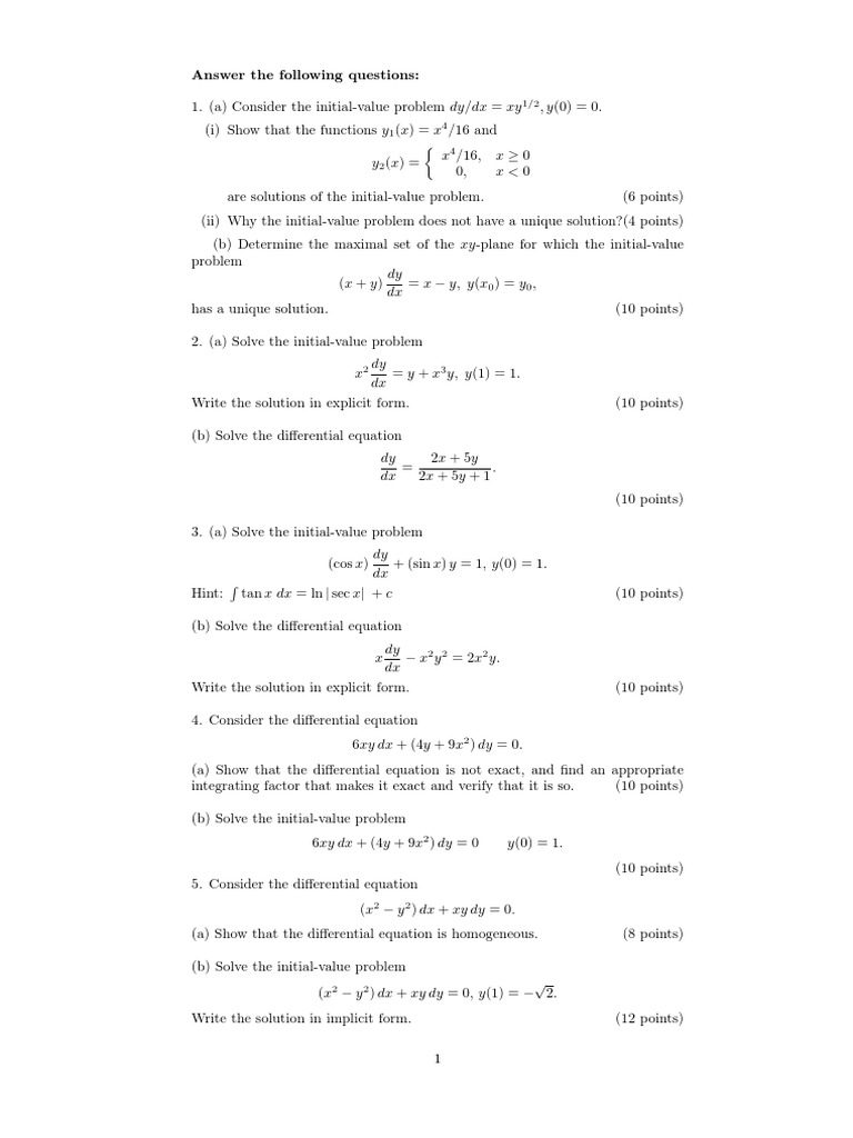 Exam 1 - Math 212 | PDF | Differential Equations | Equations
