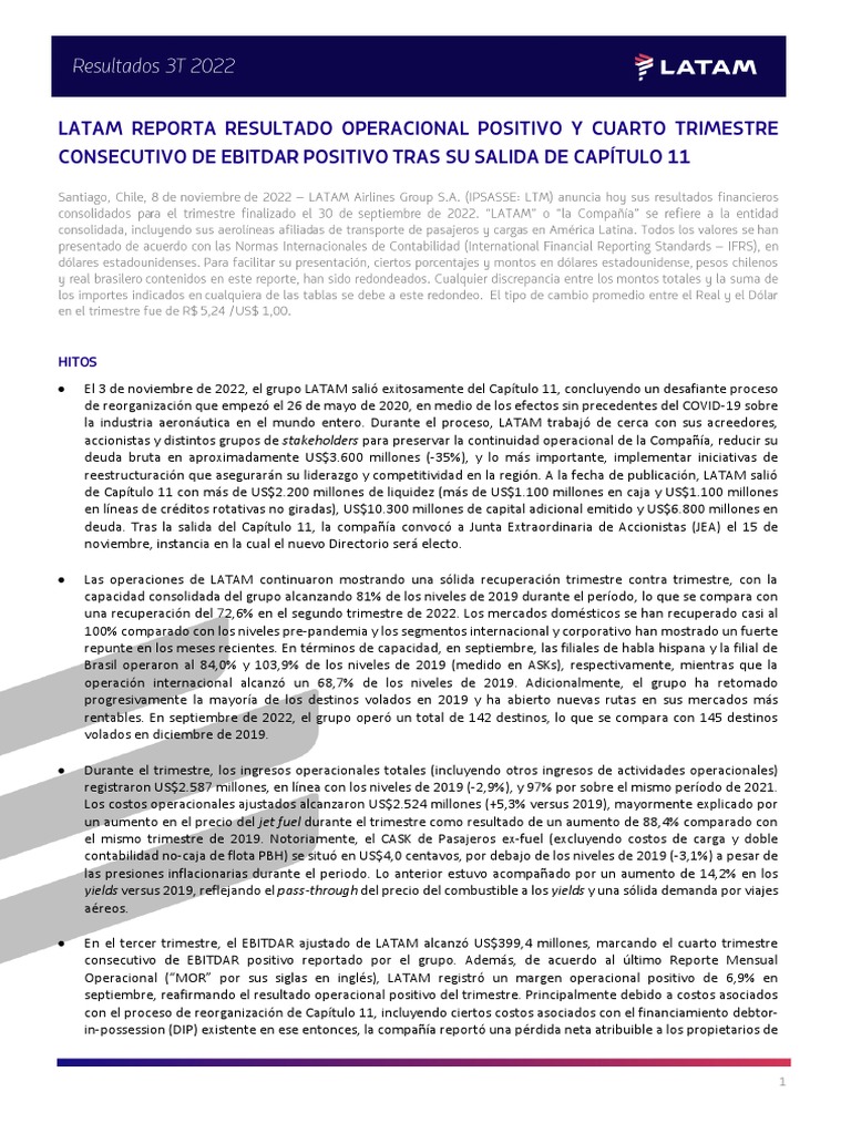 LATAM Reporta EBITDAR Positivo y Salida de Capítulo 11 | PDF | Aerobús ...