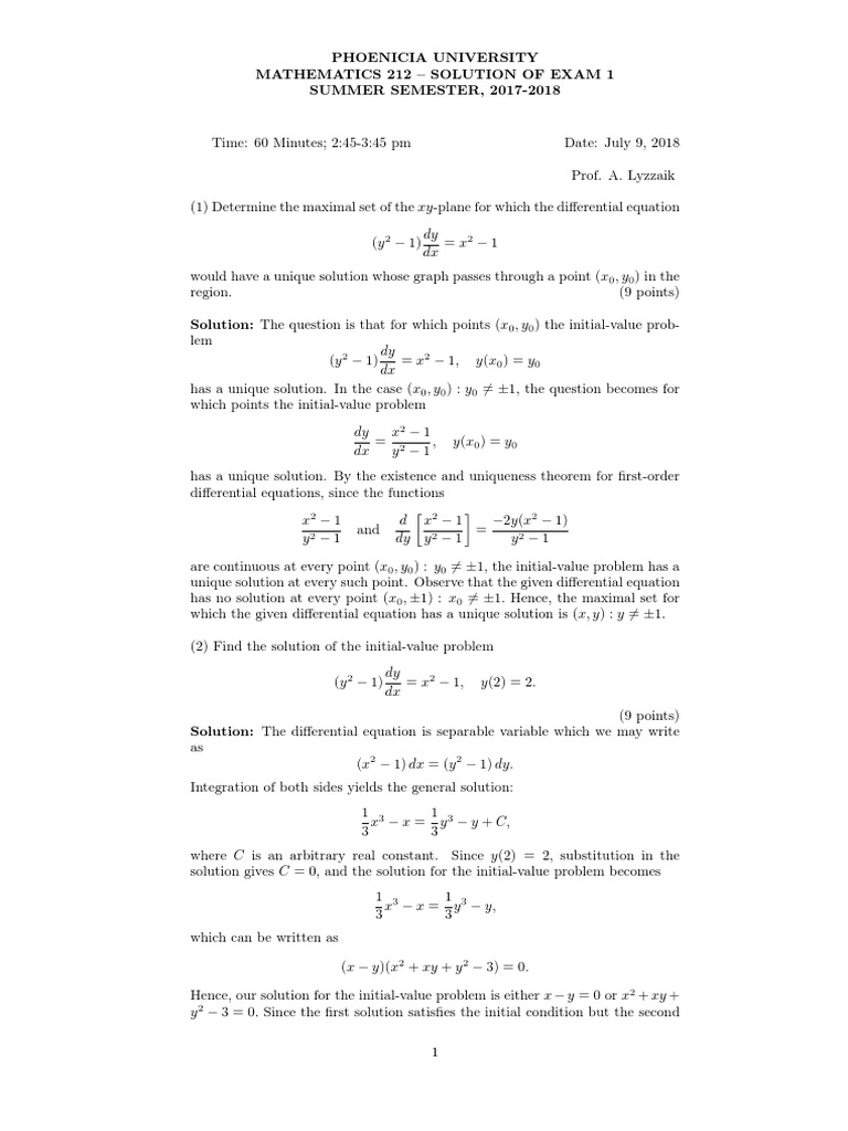 EXAM 1 - MATH 212 - 2017 - Solution | Download Free PDF | Equations | Differential Equations