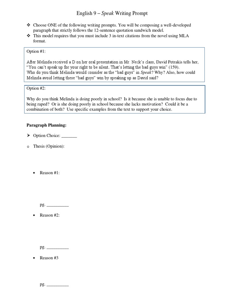 Speak Writing Prompt | PDF | Citation | English Language