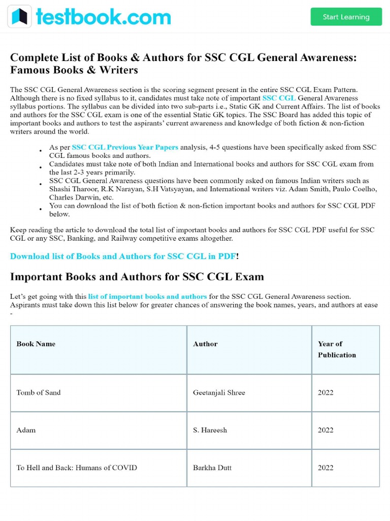 Complete List of Books & Authors For SSC CGL General Awareness - Famous ...