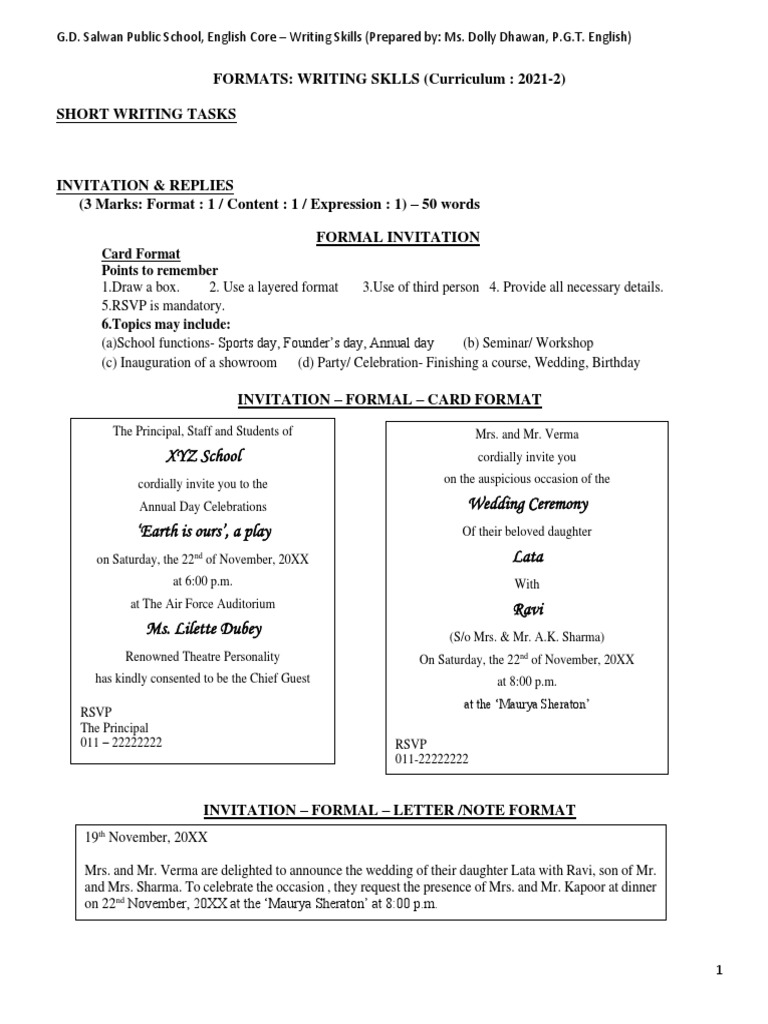 Writing Skills Formats - 2020-2022 Rationalised - TERM2-1 | PDF