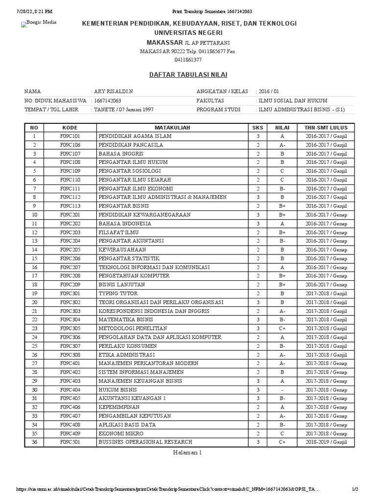 Print Transkrip Sementara 1667142063 | PDF