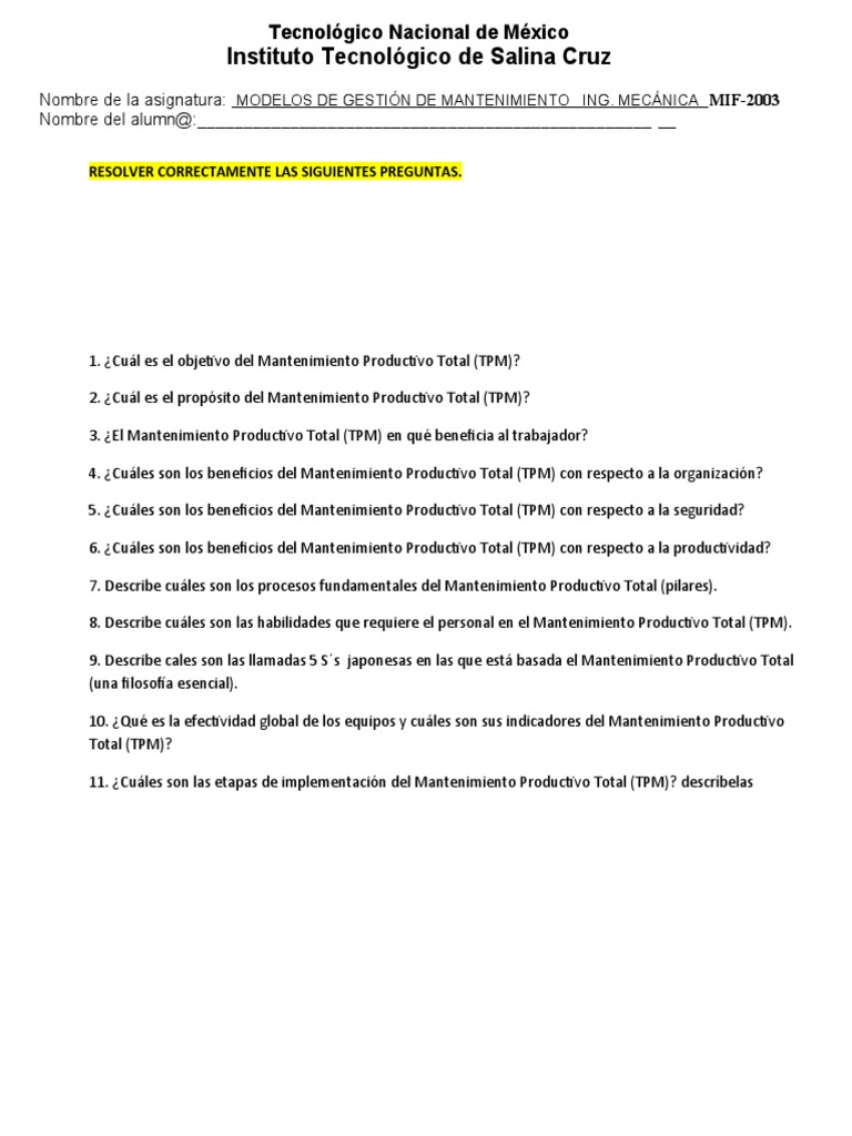 Cuestionario Del TPM | PDF | Negocios