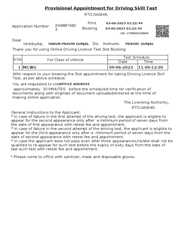 RTO Nashik Driving Test Appointment Details | PDF