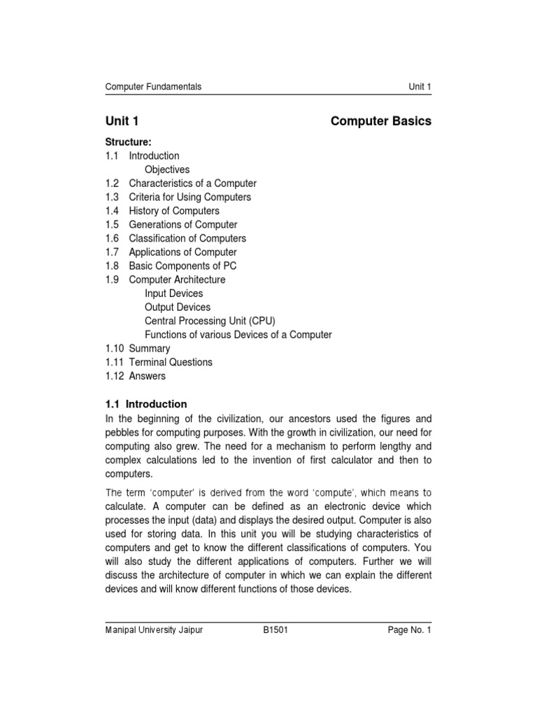 Unit 01 Computer Basics Pdf Computer Data Storage Input Output