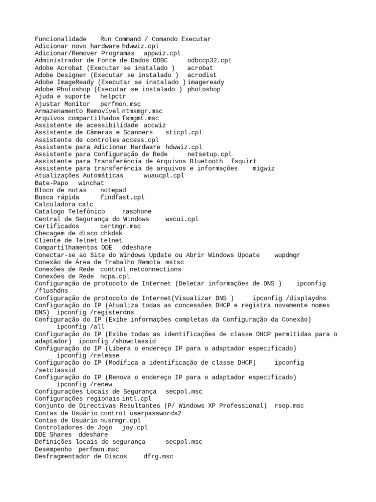 Lista de Comandos Windows Run | Download grátis PDF | Endereço de IP ...