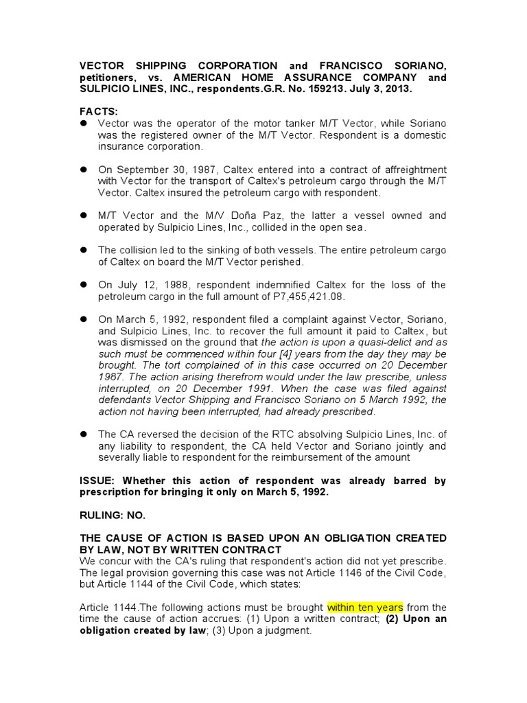 VECTOR SHIPPING CORPORATION and SORIANO vs. AMERICAN HOME ASSURANCE ... VECTOR SHIPPING CORPORATION and SORIANO vs. AMERICAN HOME ASSURANCE ...