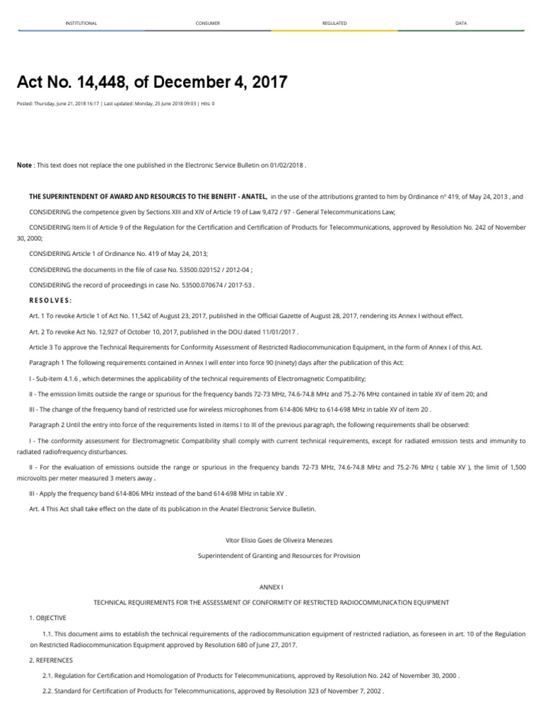 Anatel Act-No 14448 | PDF | Radio | Transmitter