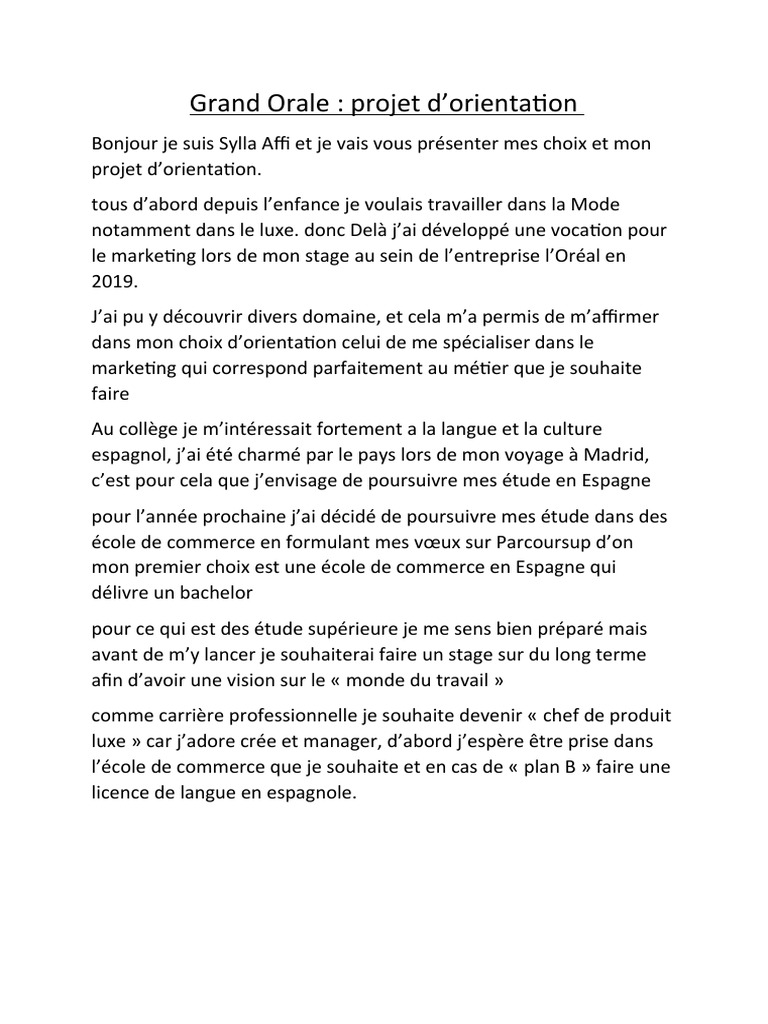 Grand Orale projet d'orientation | PDF
