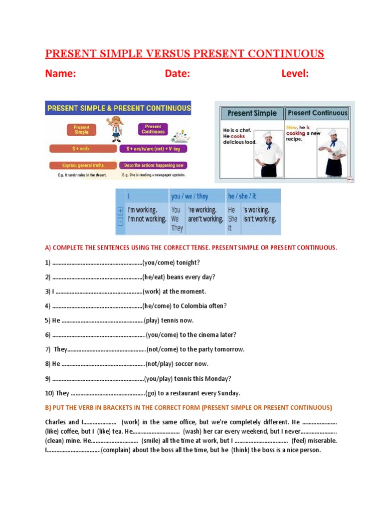 Present Simple Versus Present Continuous Hoja de Trabajo - 118417 | PDF | Linguistic Typology ...